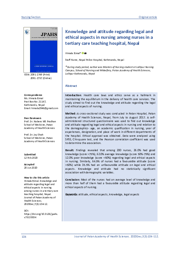 (PDF) Knowledge and attitude regarding legal and ethical aspects in ...