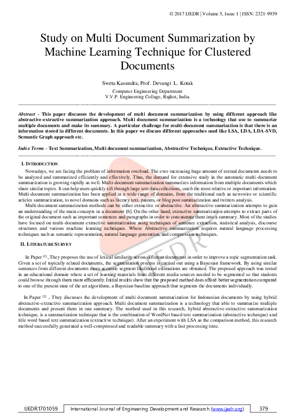 (PDF) Study on Multi Document Summarization by Machine Learning Technique for Clustered Documents