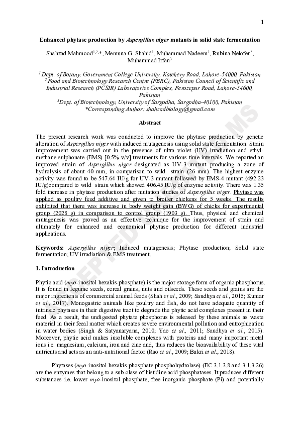 (PDF) Enhanced phytase production by Aspergillus niger mutants in solid state fermentation