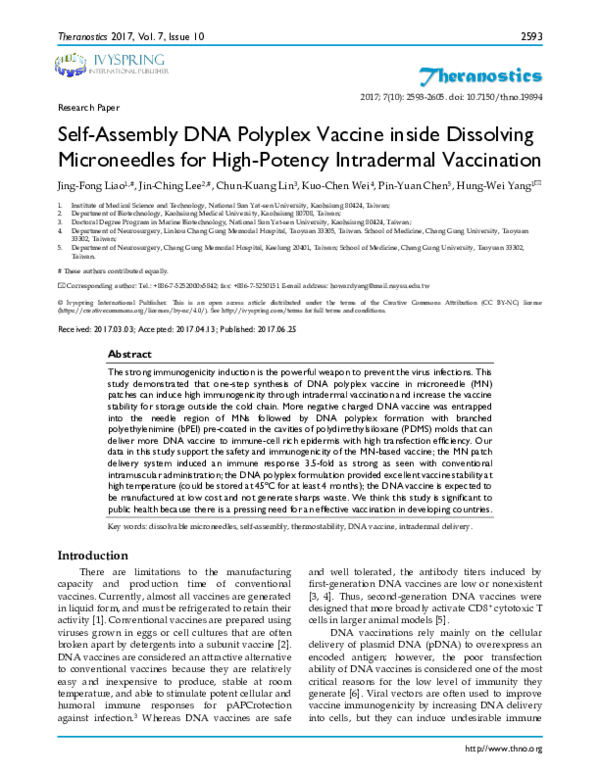 (PDF) Self-Assembly DNA Polyplex Vaccine inside Dissolving Microneedles ...