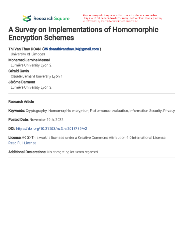 Pdf A Survey On Implementations Of Homomorphic Encryption Schemes 