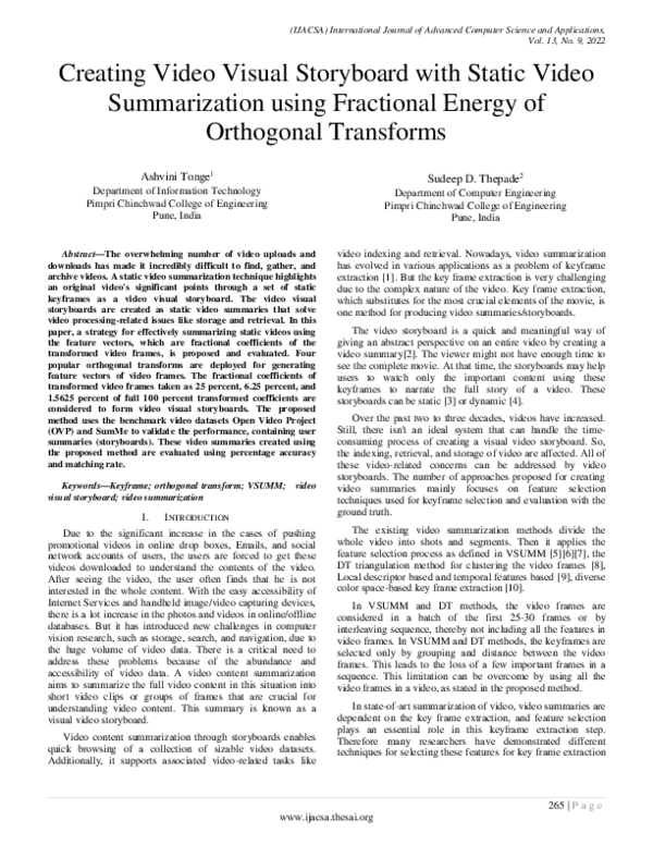 (PDF) Video Summarization via Fractional Orthogonal Transform Coefficients