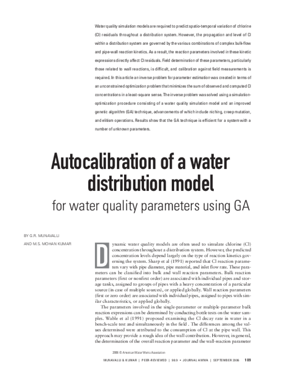 (PDF) Autocalibration of a water distribution model for water quality ...