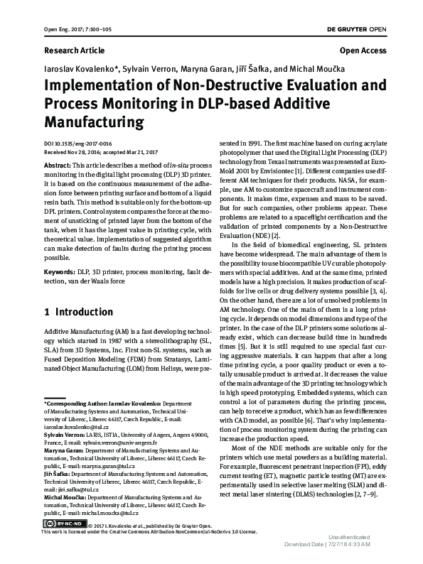 (PDF) Implementation of Non-Destructive Evaluation and Process Monitoring in DLP-based Additive ...