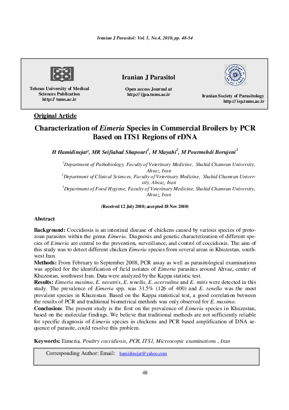 (PDF) Characterization of Eimeria Species in Commercial Broilers by PCR Based on ITS1 Regions of ...