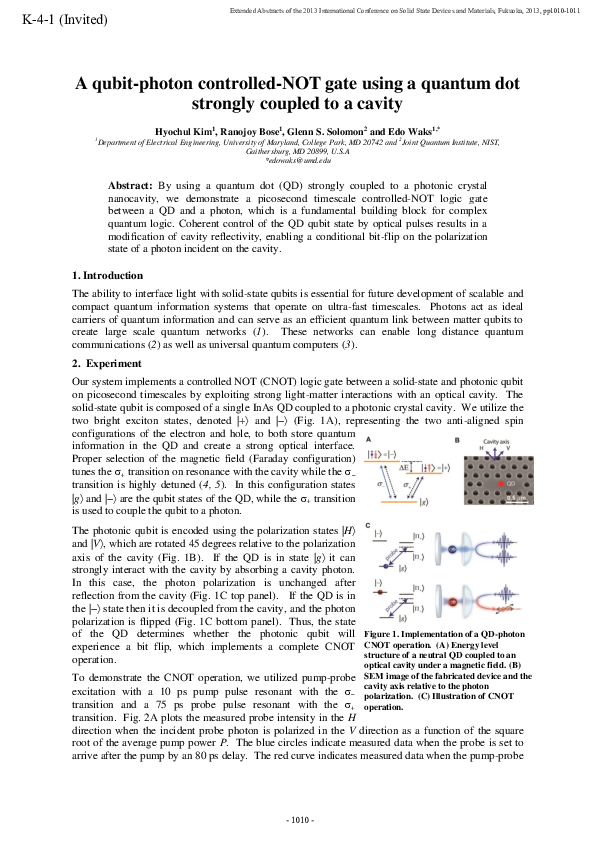 (PDF) A qubit-photon controlled-NOT gate using a quantum dot strongly coupled to a cavity