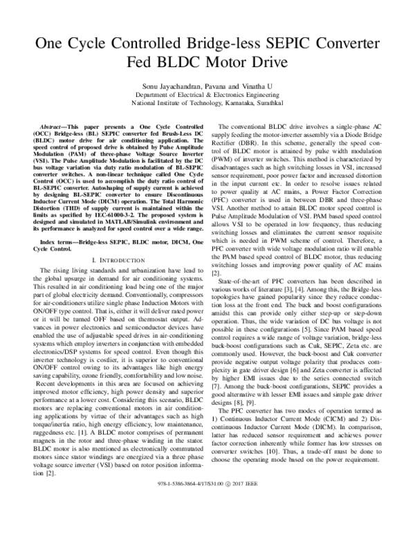 (PDF) One cycle controlled bridge-less SEPIC converter fed BLDC motor drive