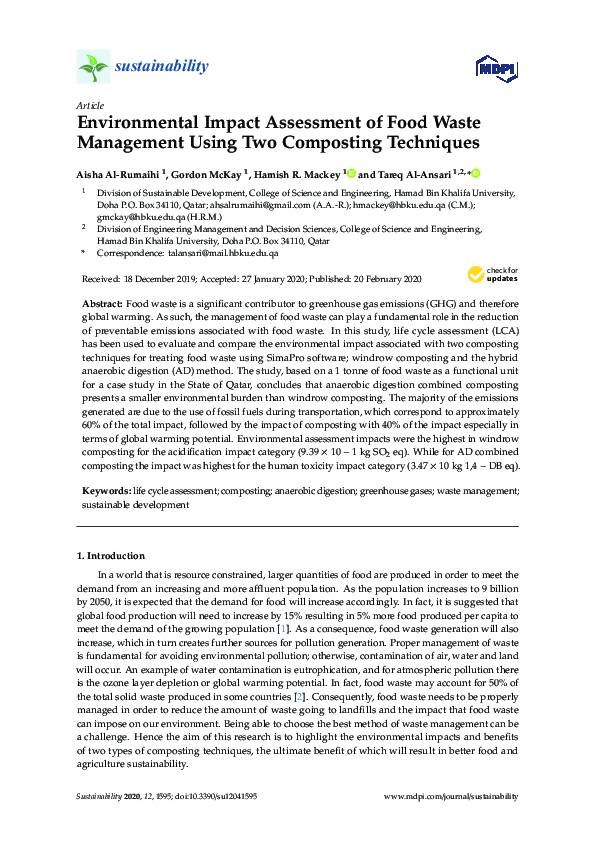 (PDF) Environmental Impact Assessment of Food Waste Management Using Two Composting Techniques ...