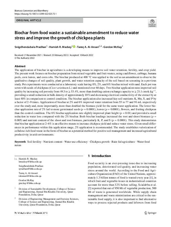 (PDF) Biochar from food waste: a sustainable amendment to reduce water stress and improve the ...