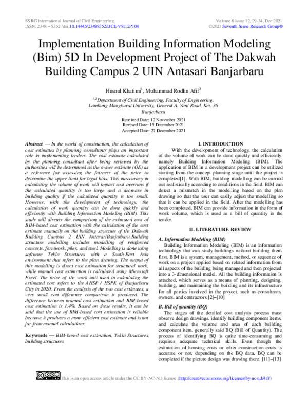 (PDF) Implementation Building Information Modeling (Bim) 5D In Development Project of The Dakwah ...