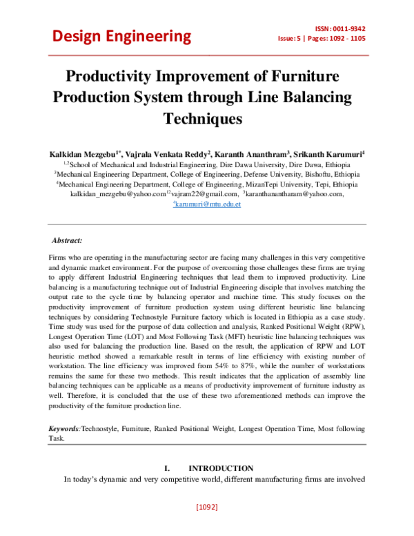 (PDF) Productivity Improvement of Furniture Production System through Line Balancing Techniques