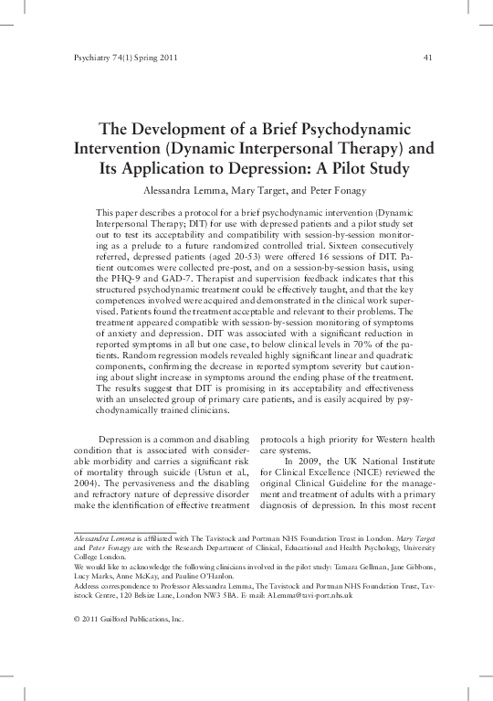 (PDF) The Development of a Brief Psychodynamic Intervention (Dynamic Interpersonal Therapy) and ...