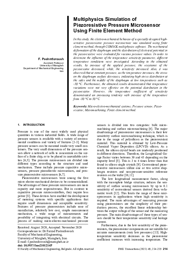 Pdf Multiphysics Simulation Of Piezoresistive Pressure Microsensor