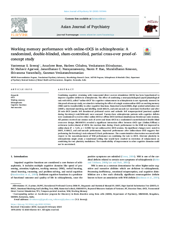(PDF) Working memory performance with online-tDCS in schizophrenia: A randomized, double-blinded ...