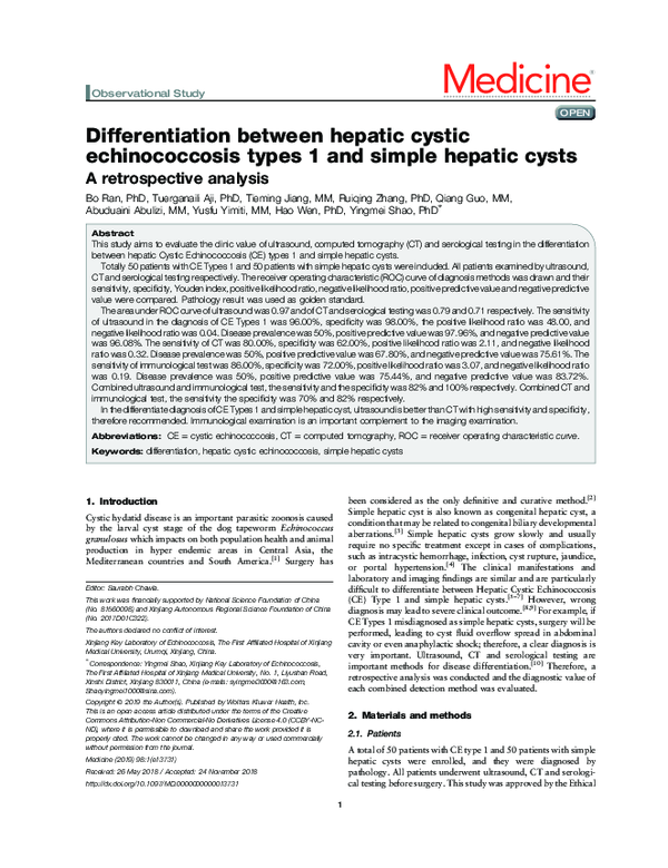 (PDF) Differentiation between hepatic cystic echinococcosis types 1 and ...