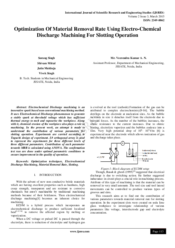 Optimization Of Material Removal Rate Using Electro Chemical Discharge Machining For Slotting