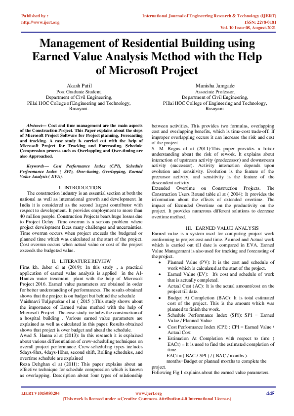 (PDF) Management of Residential Building using Earned Value Analysis Method with the Help of ...