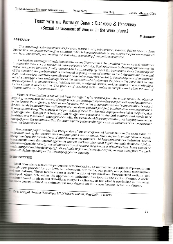 (PDF) Tryst with the Victim of Crime: (Sexual Harassment of Women in ...