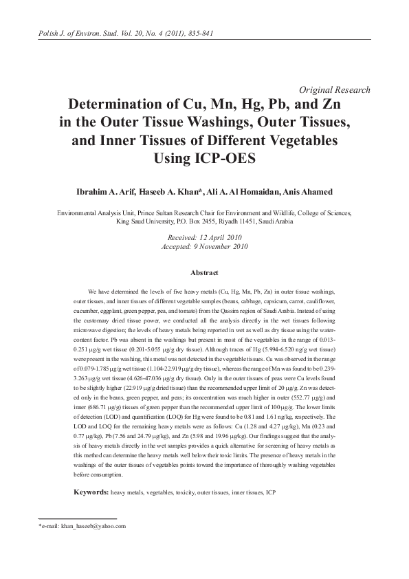 (PDF) Determination of Cu, Mn, Hg, Pb, and Zn in the outer tissue washings, outer tissues, and ...