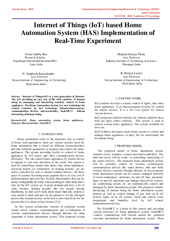 Pdf Internet Of Things Iot Based Home Automation System Has Implementation Of Real Time