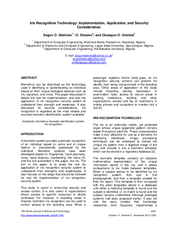 (PDF) Iris Recognition Technology: Implementation, Application, and Security Consideration
