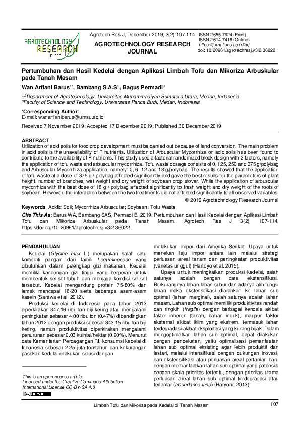 (PDF) Pertumbuhan dan Hasil Kedelai dengan Aplikasi Limbah Tofu dan Mikoriza Arbuskular pada ...