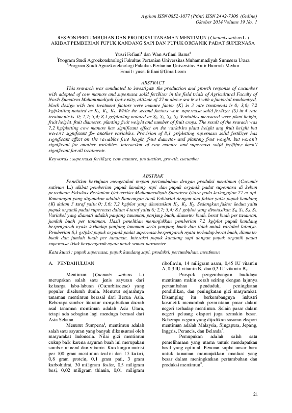 (PDF) RESPON PERTUMBUHAN DAN PRODUKSI TANAMAN MENTIMUN (Cucumis sativus L.) AKIBAT PEMBERIAN ...