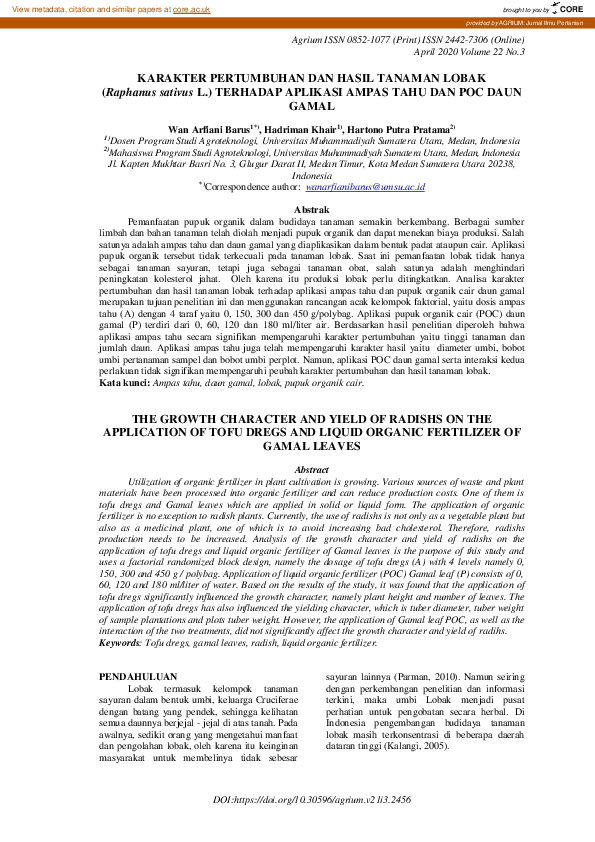 (PDF) Karakter Pertumbuhan dan Hasil Tanaman Lobak (Raphanus sativus L.) terhadap Aplikasi Ampas ...