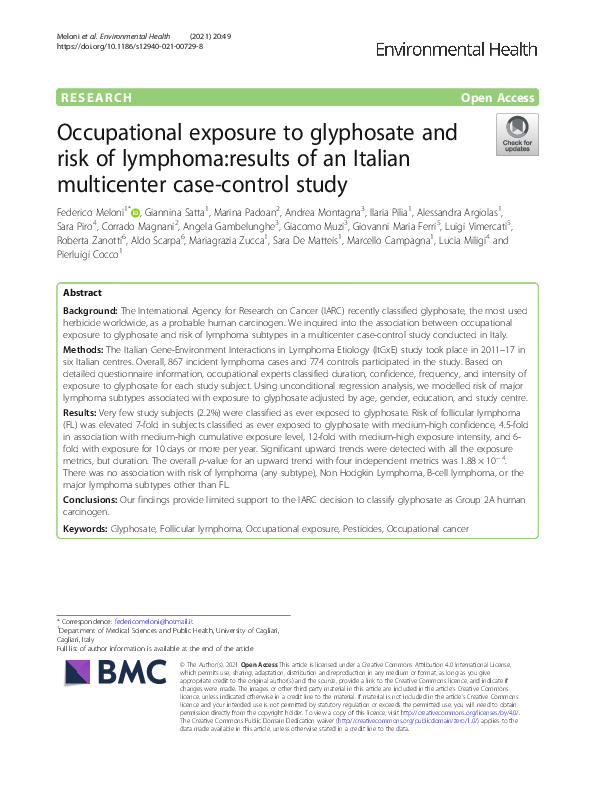 (PDF) Occupational exposure to glyphosate and risk of lymphoma:results ...