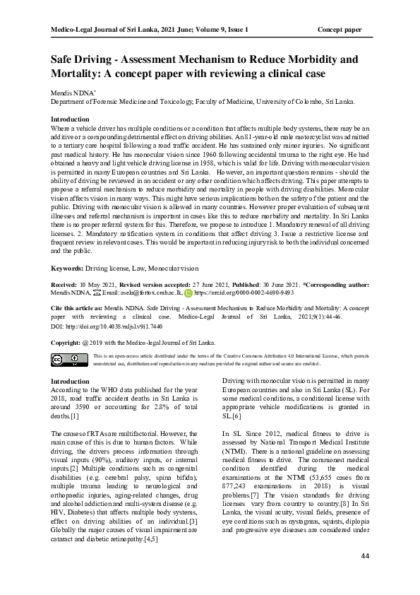 (PDF) Safe Driving - Assessment Mechanism to Reduce Morbidity and ...