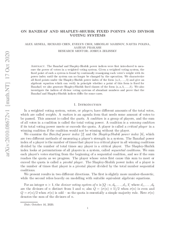 (PDF) On Banzhaf and Shapley-Shubik Fixed Points and Divisor Voting Systems