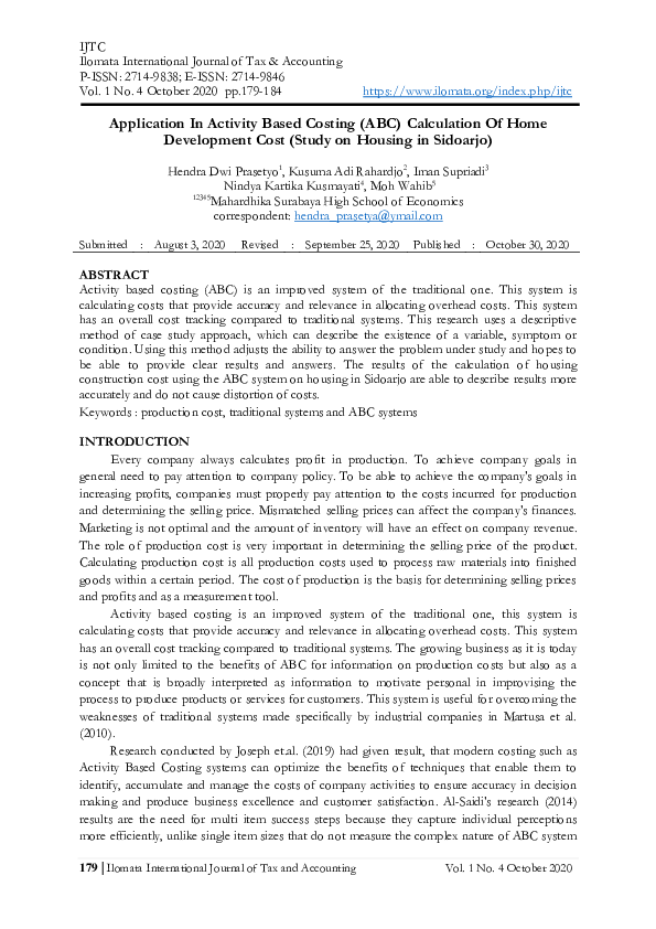 Pdf Application In Activity Based Costing Abc Calculation Of Home