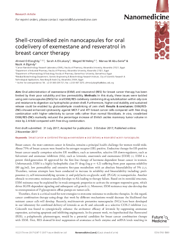 (PDF) Shell-crosslinked zein nanocapsules for oral codelivery of exemestane and resveratrol in ...