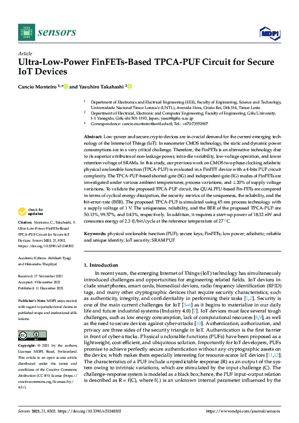 (PDF) Ultra-Low-Power FinFETs-Based TPCA-PUF Circuit for Secure IoT Devices