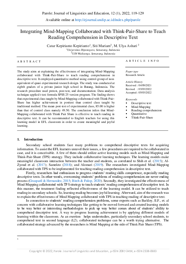 (PDF) Integrating Mind-Mapping Collaborated with Think-Pair-Share to Teach Reading Comprehension ...