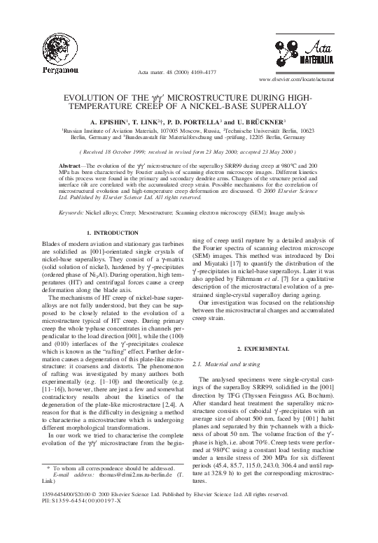 (PDF) Evolution of the γ/γ′ microstructure during high-temperature creep of a nickel-base superalloy