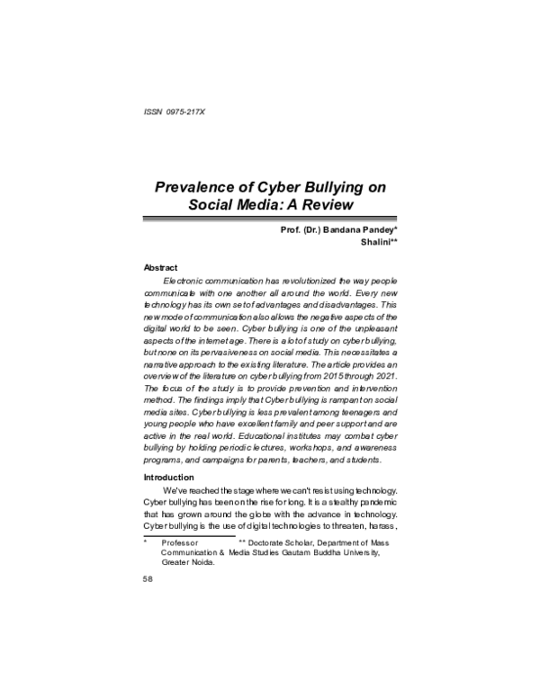 (PDF) Prevalence of Cyber Bullying on Social Media: A Review