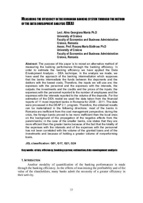 (PDF) Measuring the Efficiency in the Romanian Banking System Through ...