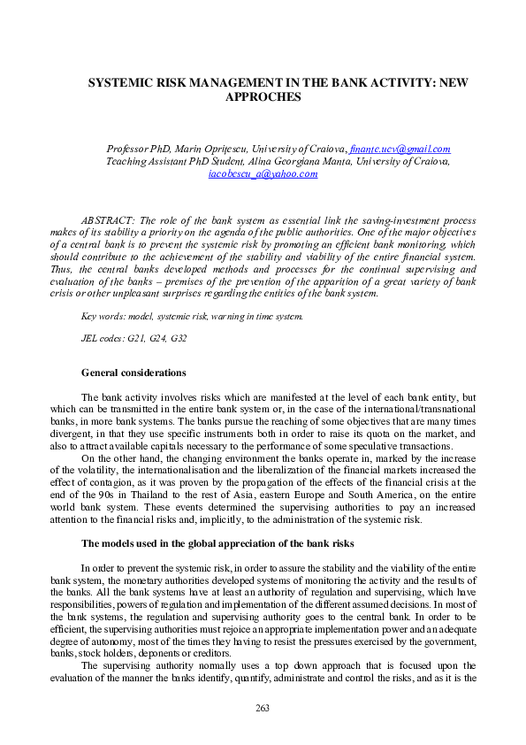 Pdf Systemic Risk Management In The Bank Activity New Approaches