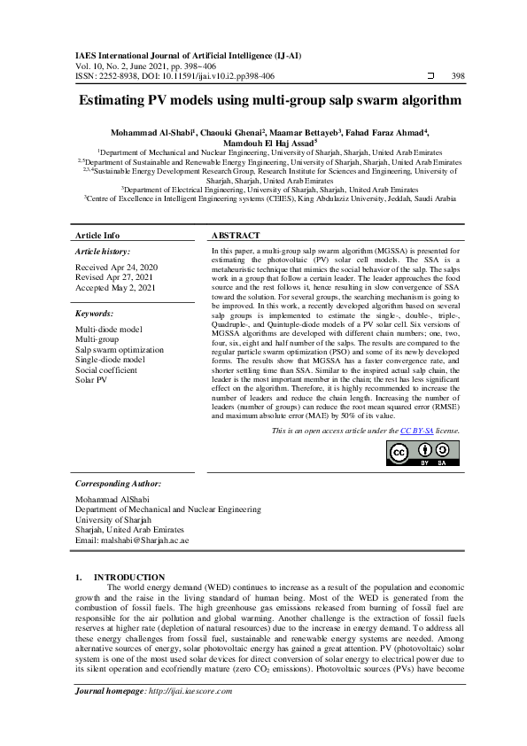 Pdf Estimating Pv Models Using Multi Group Salp Swarm Algorithm Chaouki Ghenai 
