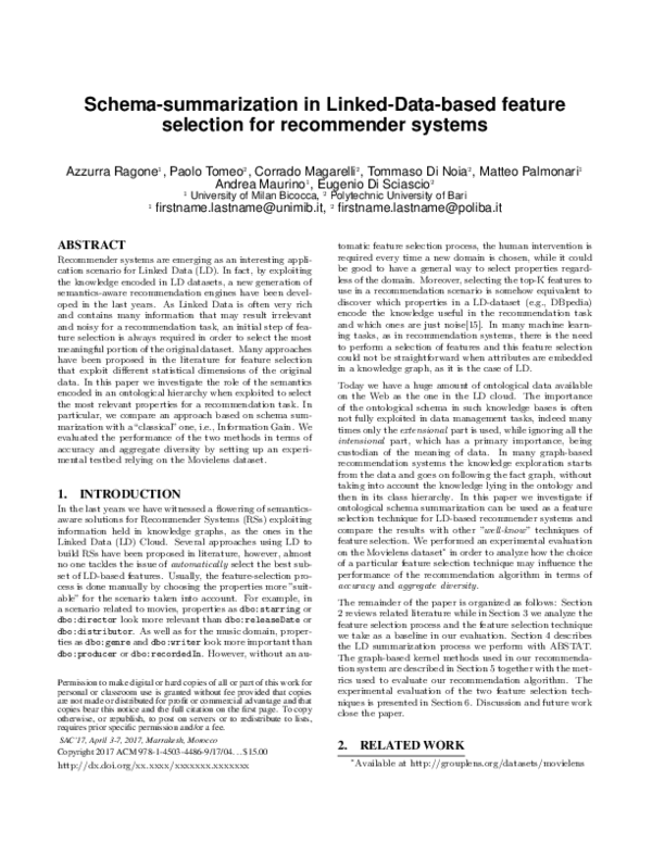 Pdf Schema Summarization In Linked Data Based Feature Selection For Recommender Systems