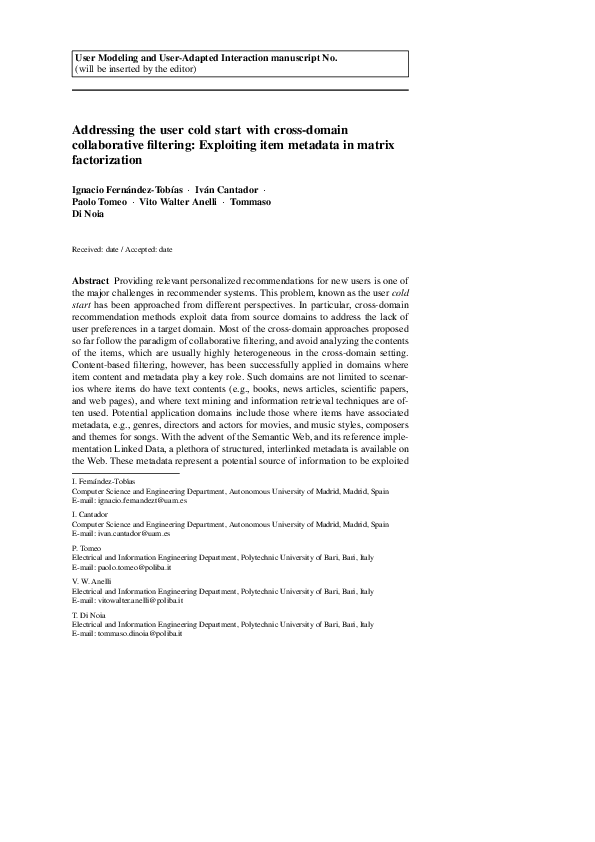 (PDF) Addressing the user cold start with cross-domain collaborative filtering: exploiting item ...