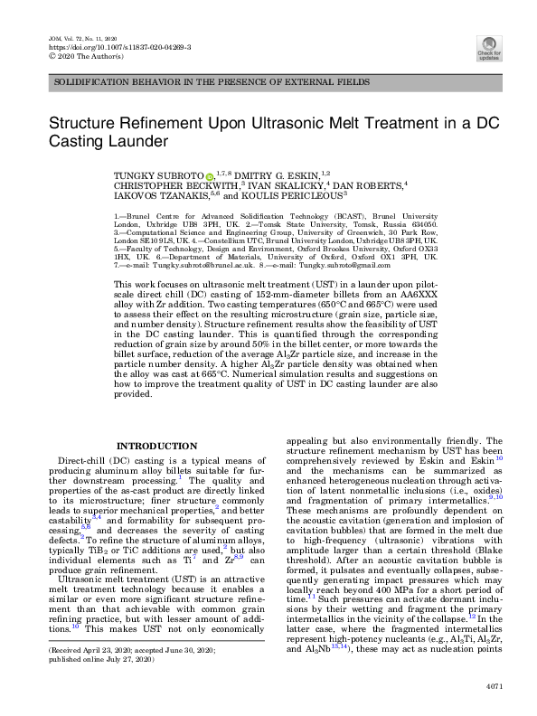 (PDF) Structure Refinement Upon Ultrasonic Melt Treatment in a DC Casting Launder