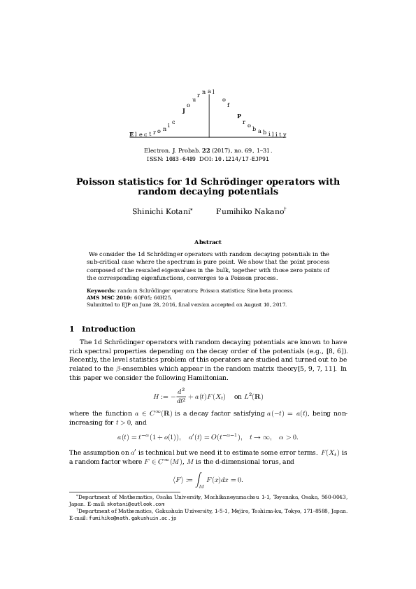 (PDF) Poisson statistics for 1d Schrödinger operators with random ...