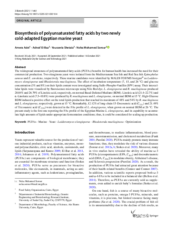 (PDF) Biosynthesis of polyunsaturated fatty acids by two newly cold ...