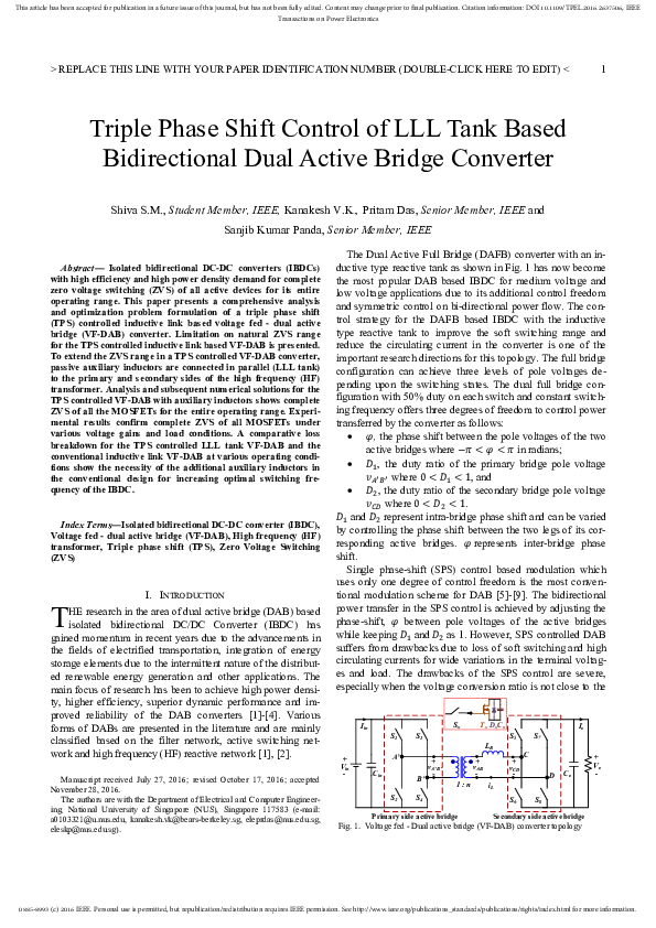 (PDF) Triple Phase Shift Control of an LLL Tank Based Bidirectional Dual Active Bridge Converter