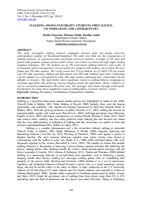 (PDF) Stalking among University Students: Prevalence, Victimization and ...