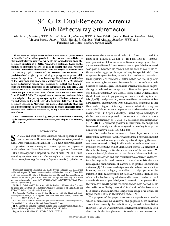 (PDF) 94 GHz Dual-Reflector Antenna With Reflectarray Subreflector