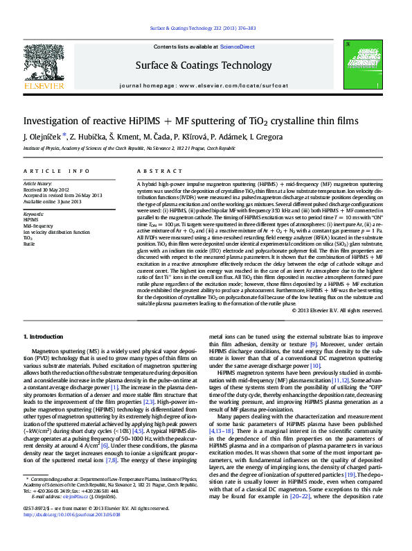 (PDF) Investigation of reactive HiPIMS+MF sputtering of TiO2 crystalline thin films