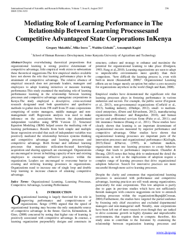 (PDF) Mediating Role of Learning Performance in The Relationship Between Learning Processesand ...